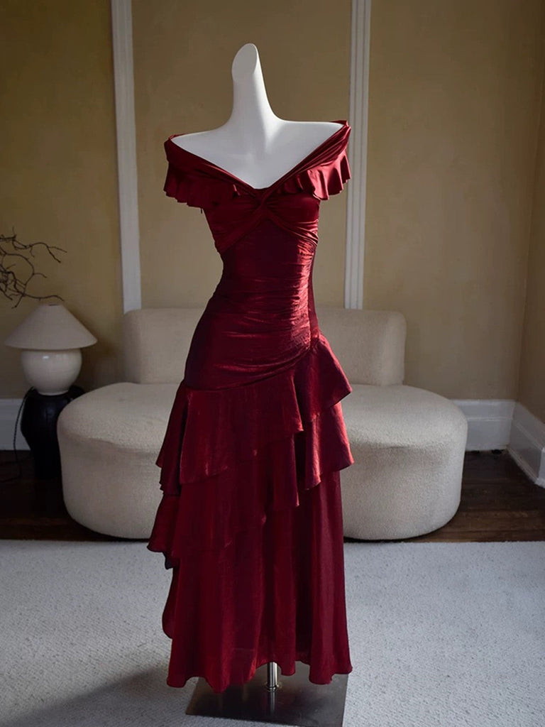 Chic Wine Red Off Shoulder Satin Layers Long Prom Dress, Wine Red V-ne ...