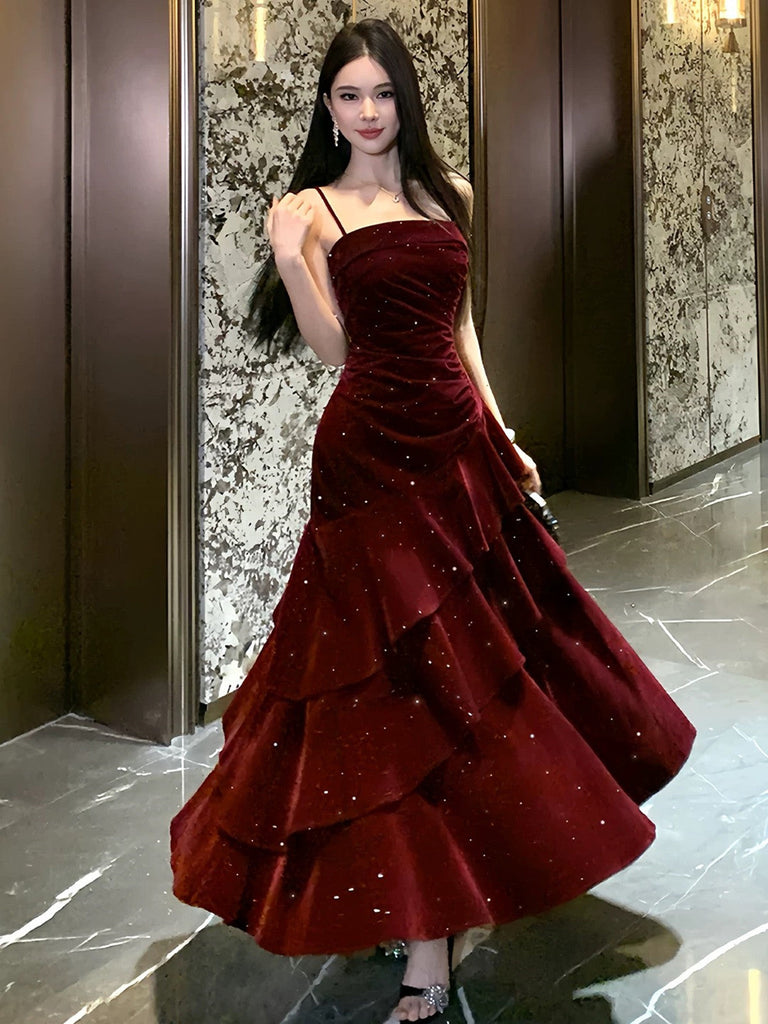 Wine Red Velvet Straps Prom Dress Party Dress, Wine Red Long Evening D ...