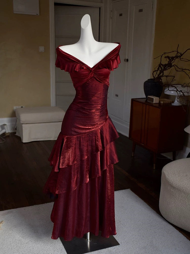 Chic Wine Red Off Shoulder Satin Layers Long Prom Dress, Wine Red V-ne ...