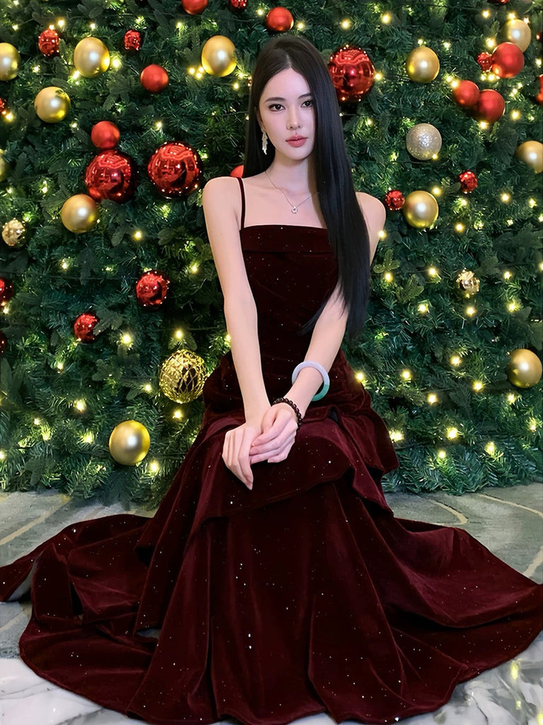 Wine Red Velvet Straps Prom Dress Party Dress, Wine Red Long Evening D ...