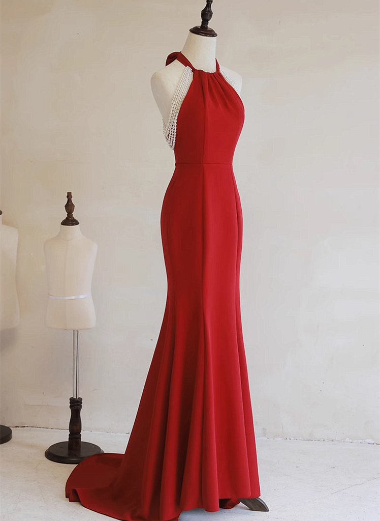 Simple Pretty Red Halter Mermaid Long Formal Dress, Red Long Evening D ...